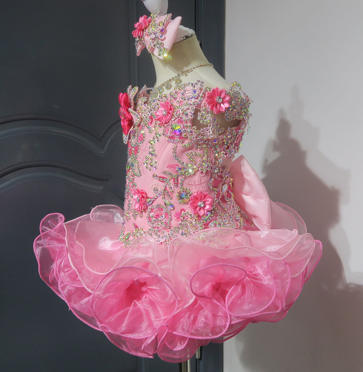 (#1129) Off shoulder flat style high glitz national pageant dress. (li ...