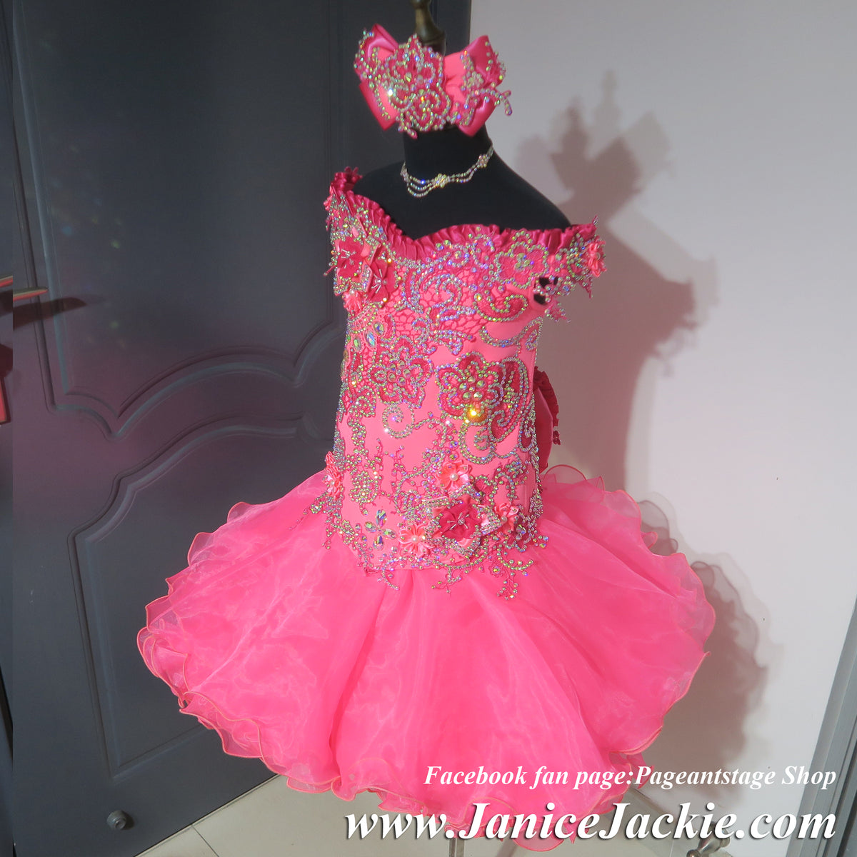 (#1336) Off shoulder flat MEGA GLITZ national pageant dress. (neon pin ...