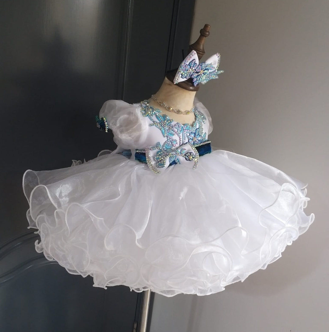 (#1390) Sleeve lace baby doll glitz pageant dress (white + blue) / 3~4 ...