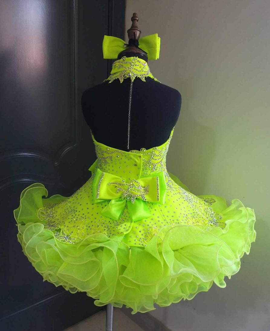 (#1395) Halter flared glitz national pageant dress. (neon green) / 3 ...