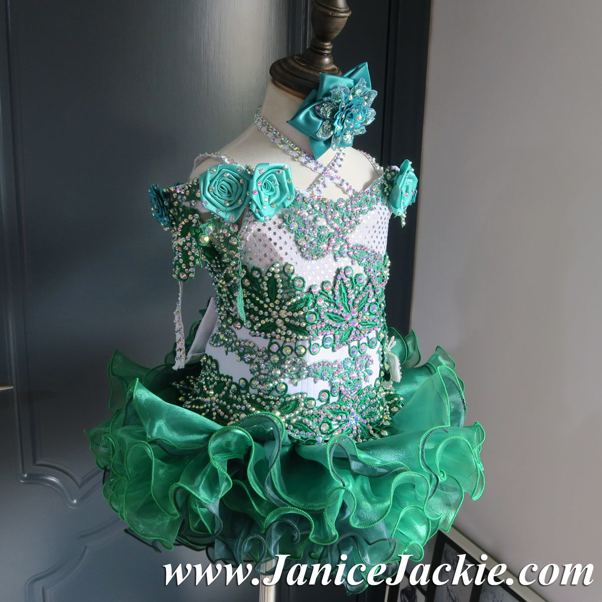 (#1009a) Off shoulder flat (High Glitz) pageant dress. (white green ...