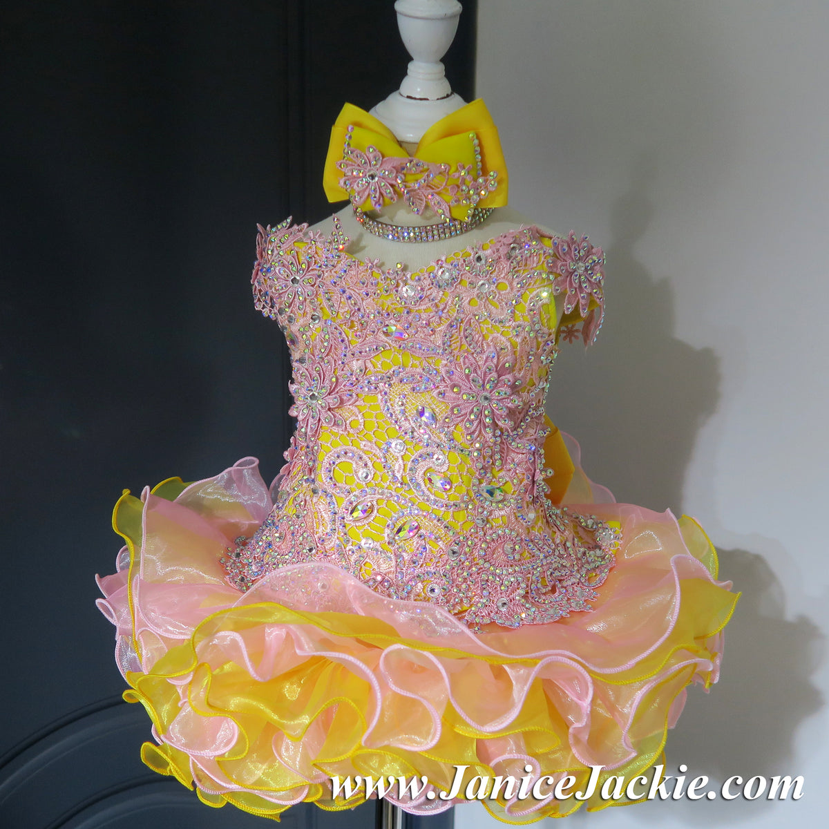 (#1140) Off shoulder flat glitz national pageant dress. (yellow & pink ...