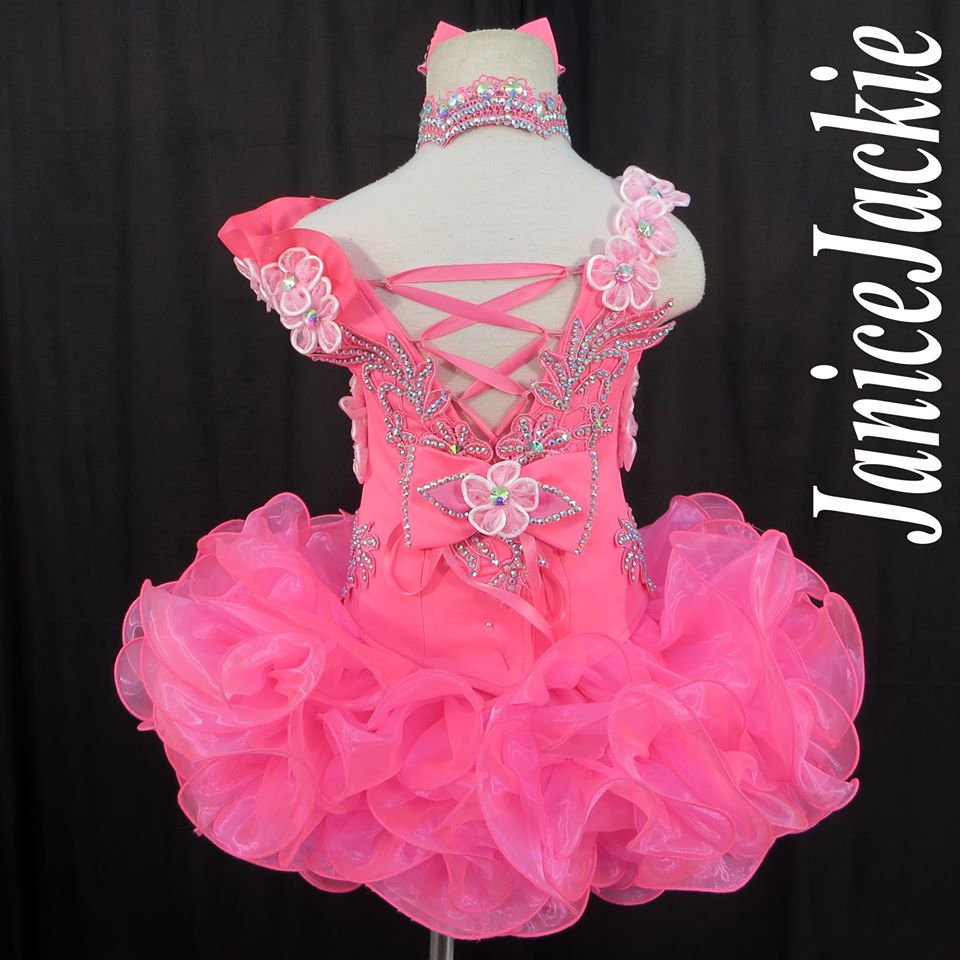 (#neon pink 0001) Straps flat glitz pageant dress. (neon pink ...